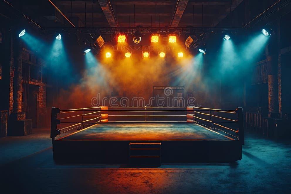A Boxing Ring in an Empty Room with Spotlights on the Ceiling Stock ...
