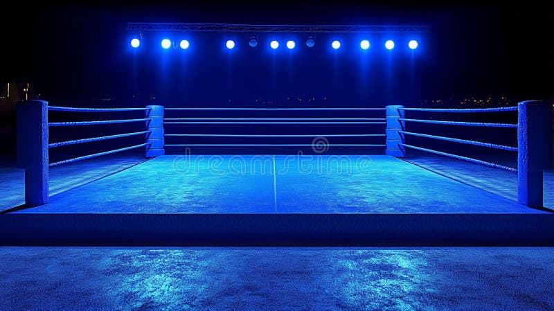 Boxing Ring Illuminated with Blue Lights in a Dark Arena Stock ...