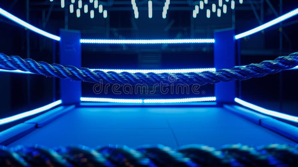 Boxing Ring Illuminated by Bright Blue Lights, Casting Dramatic Shadows ...