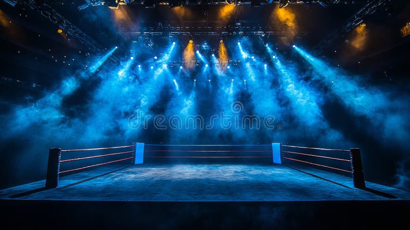 Boxing Ring is Illuminated by Dramatic Spotlights with a Cloud of Smoke ...
