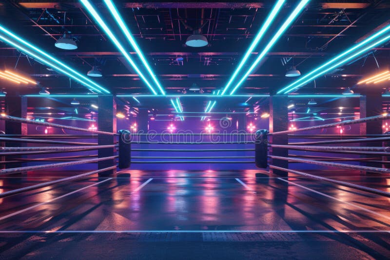 A Boxing Ring Lit Up by Neon Lights in a Dark Room Stock Photo - Image ...