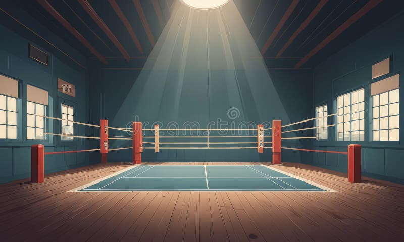 Boxing Ring with Red Ropes and Blue Floor is Illuminated by Bright ...