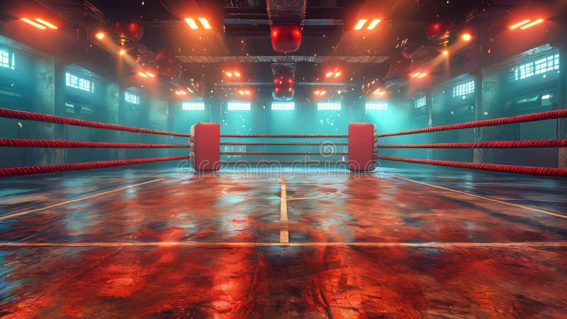 Boxing Ring with Red Ropes in a Dark Room Stadium Stock Footage - Video ...