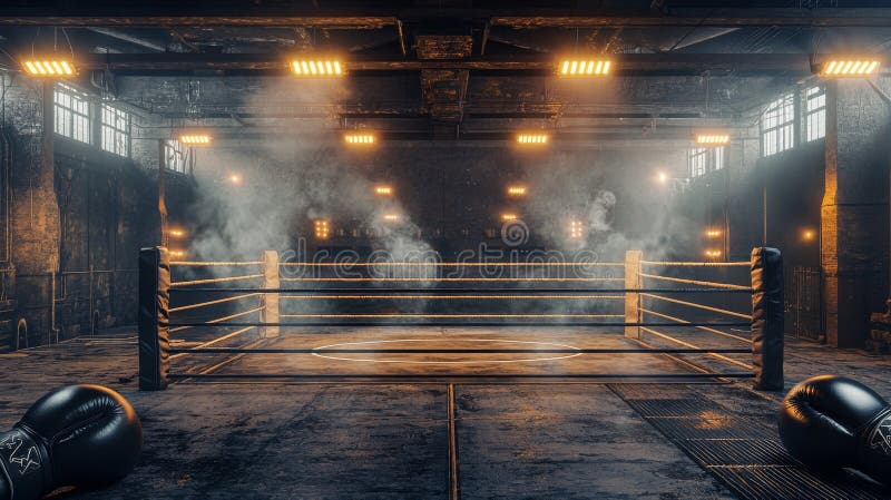 Boxing Ring with Red Ropes in an Empty Gym in the Evening. Intense ...