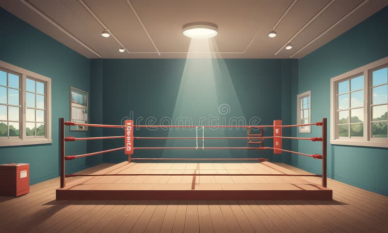 Boxing Ring with Red Ropes and Wooden Platform is Illuminated by Bright ...