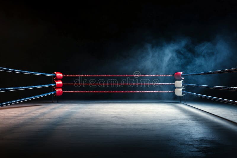 Boxing Ring with Red and White Corner Posts Illuminated by Dramatic ...
