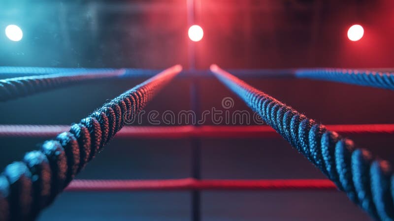 Boxing Ring Showcases Three Parallel Ropes Vividly Lit in Red and Blue ...