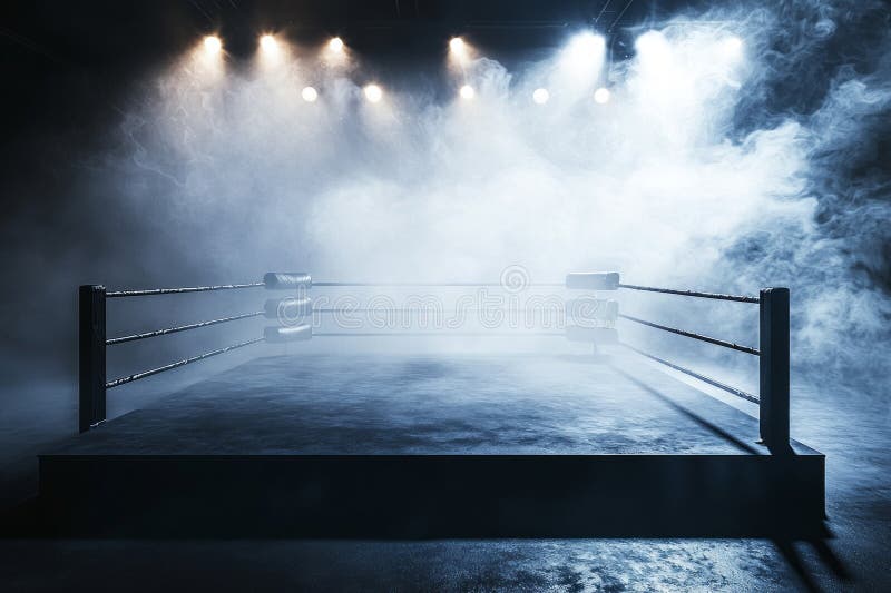 Boxing Ring is Shrouded in Smoke and Illuminated by Glowing Spotlights ...
