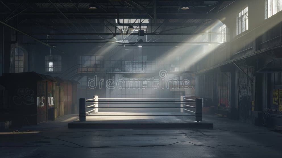 Boxing Ring Sits Empty in the Center of a Dim, Dusty Warehouse. Light ...
