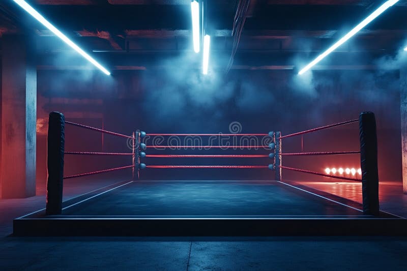 Boxing Ring Standing in Dramatic Empty Room with Neon Lights Stock ...