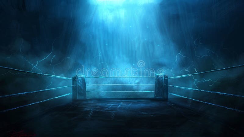 Boxing Ring Stands Alone in a Dark, Smoky Space, Illuminated by a ...