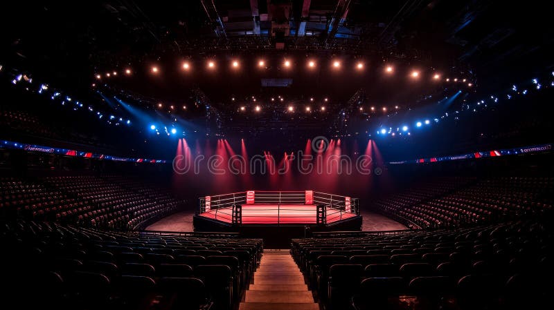 Boxing Ring Stands Empty Illuminated Overhead Lights Large Scoreboard ...