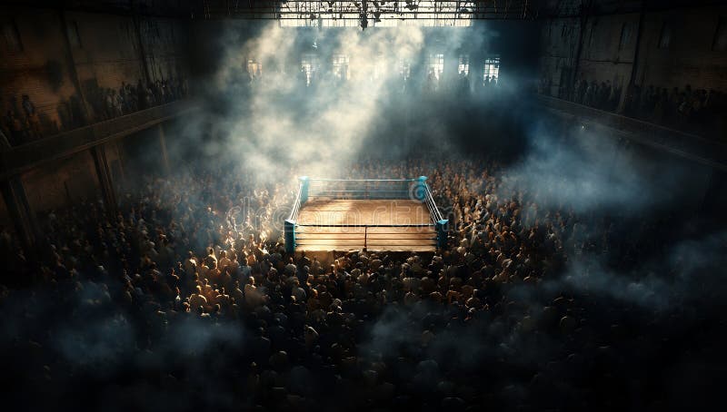 A Boxing Ring Stands Empty in a Smoky Arena, Surrounded by a Large ...