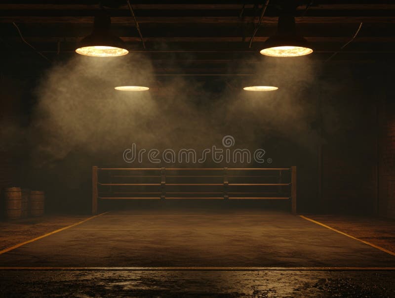 Boxing Ring Stands Shrouded in Thick Fog with Overhead Lights Casting a ...