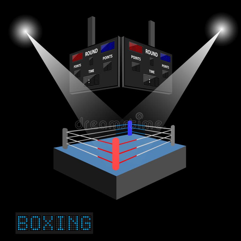 Boxing Ring Surrounded by Spotlight on Dark Background with Scoreboard ...