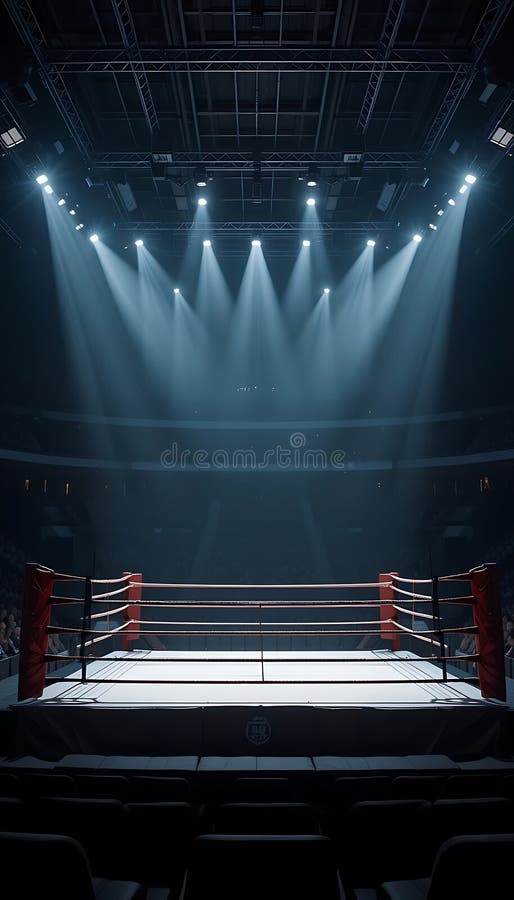 Boxing Ring Under Spotlight at Stadium with Empty Seating Stock ...