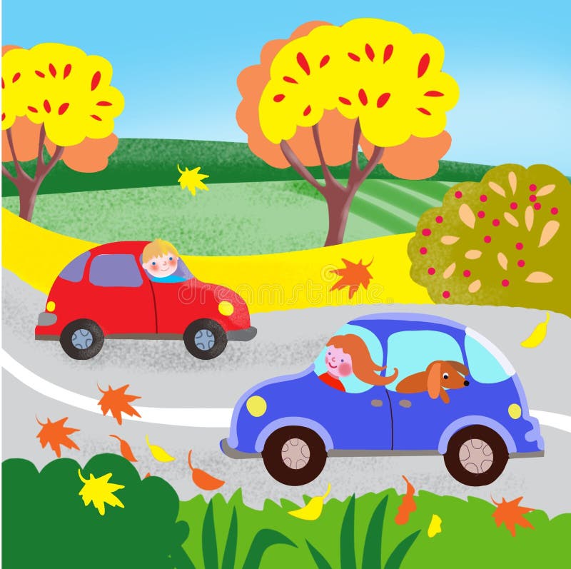 A Boy and a Little Girl are Driving in Cars on the Road in the Fall ...