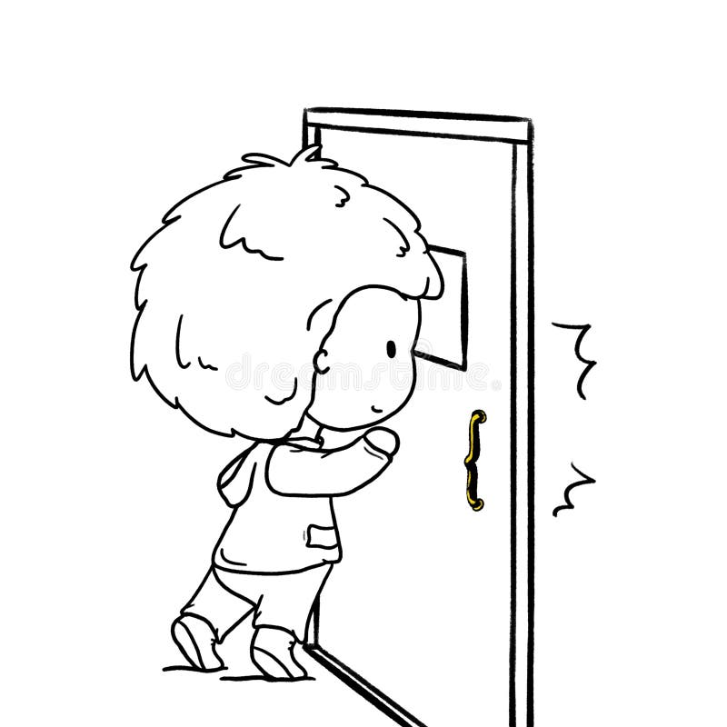 Little Boy Tiptoes and Knocks the Door Outline Illustration, Kid ...