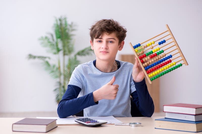 Schoolboy with Abacus Studying Math at Home Stock Image - Image of ...