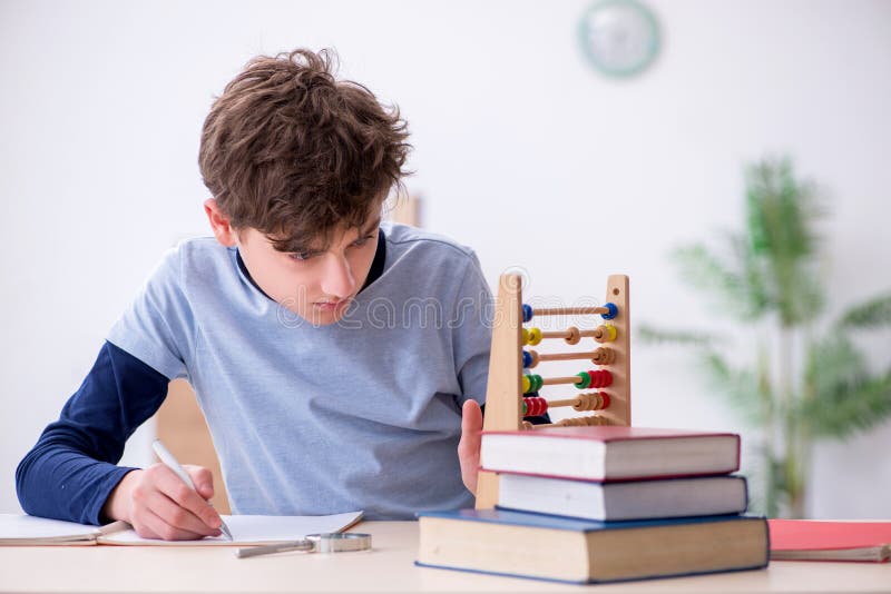 Schoolboy with Abacus Studying Math at Home Stock Image - Image of math ...
