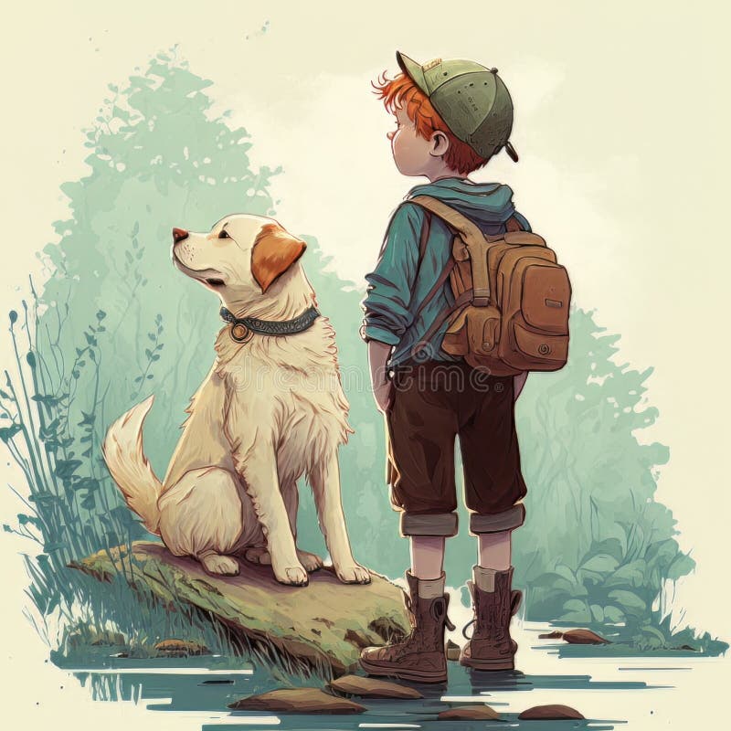 Boy on an Adventure with His Dog Stock Illustration - Illustration of ...