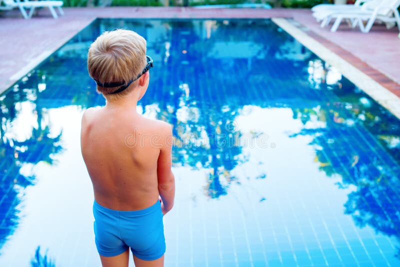 Boy Afraid Expects before Jump in Swimming Pool Stock Photo - Image of ...