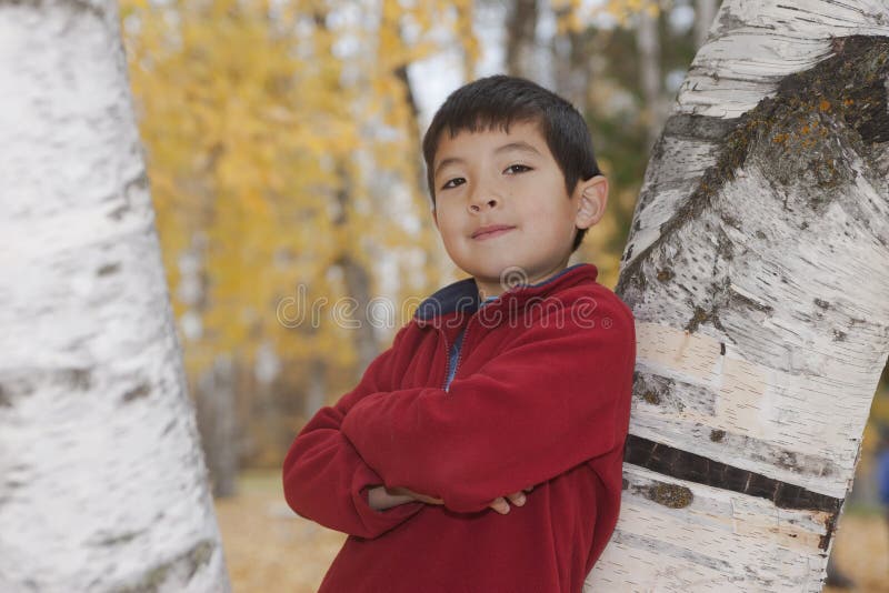 Boy against aspen tree. stock photo. Image of childhood - 34790906
