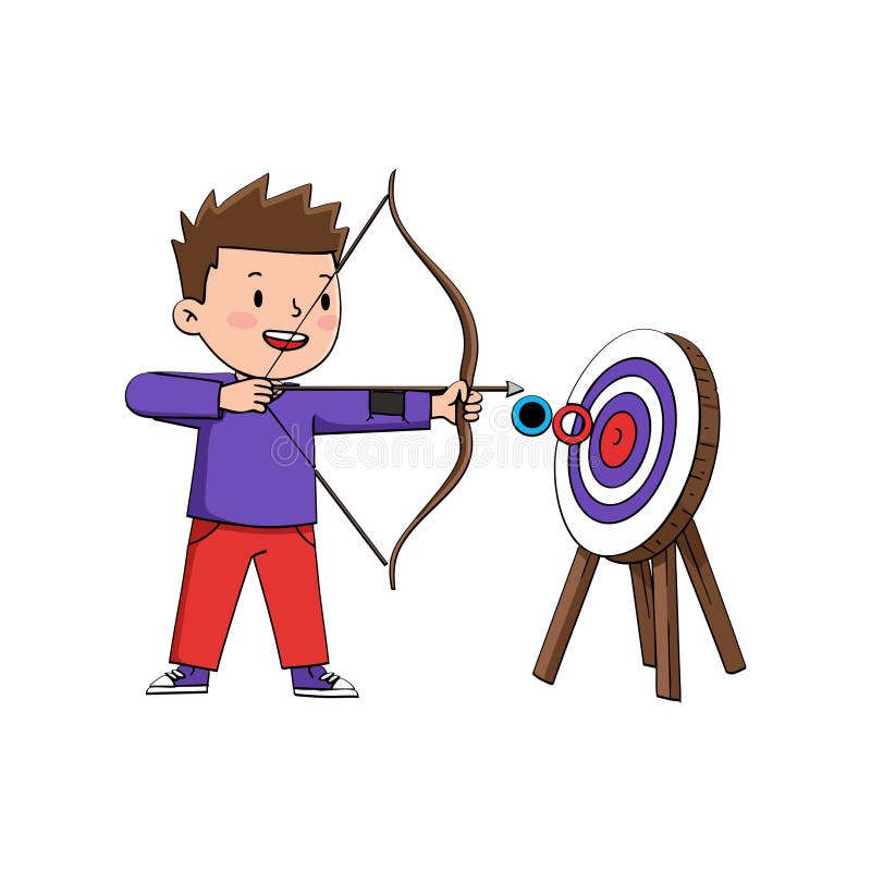 Boy Practicing Archery with Bow and Target in Colorful Vector ...