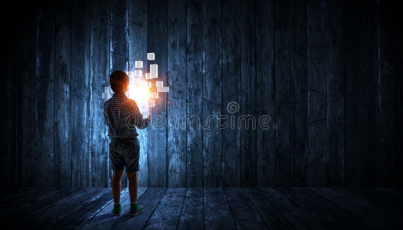 Boy Alone at Night with Glowing Cubes Stock Image - Image of gesture ...
