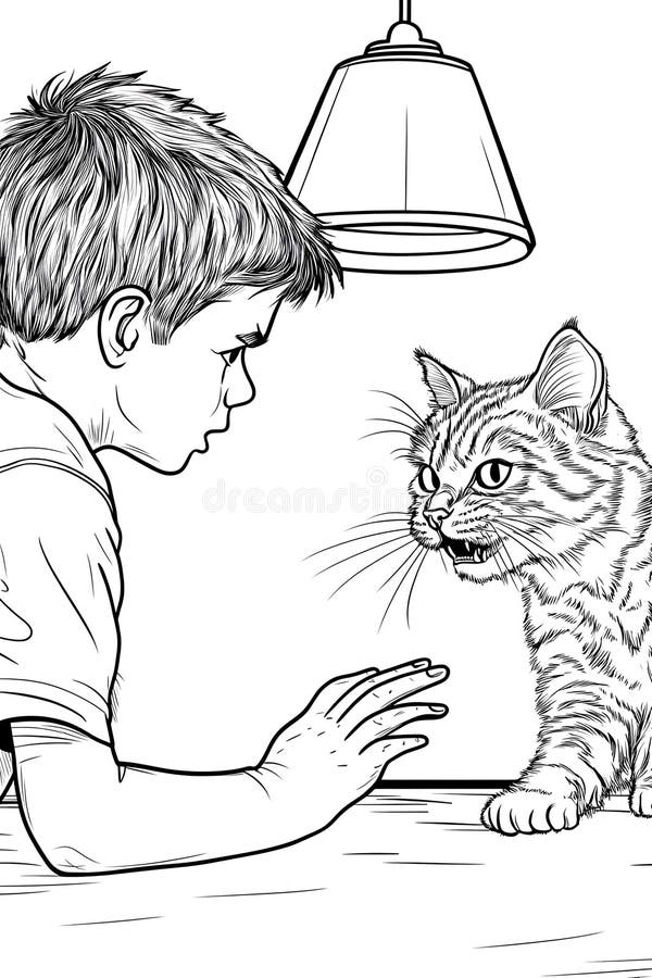 Boy and Angry Cat Face Off on Table Stock Illustration - Illustration ...