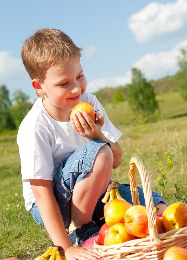 Boy with apples stock photo. Image of food, meadow, young - 24702052