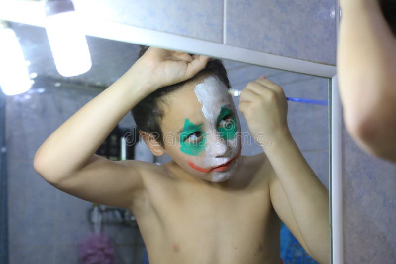 The Boy Applies Makeup on His Own Stock Image - Image of mirror, young ...