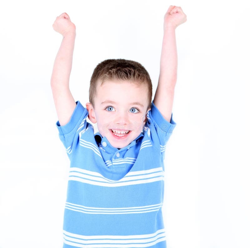 Boy with Arms Up in the Air Cheering Stock Image - Image of approval ...