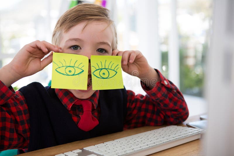 Boy As Business Executive with Sticky Notes on His Eyes Stock Image ...