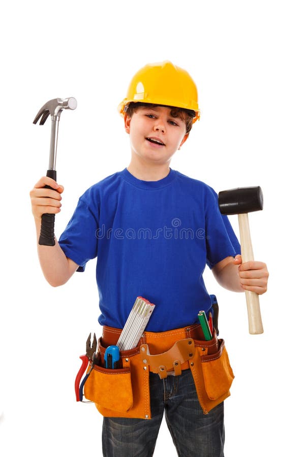 Boy As Construction Worker on White Background Stock Image - Image of ...