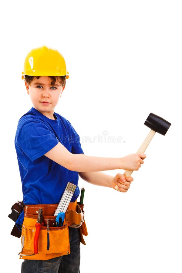 Boy As Construction Worker On White Background Stock Image - Image of ...