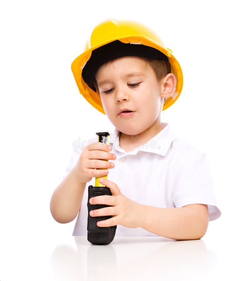 Boy As a Construction Worker with Tape Measure Stock Photo - Image of ...