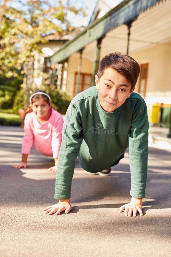 Boy As a Student Makes Push-up Stock Image - Image of people, happy ...