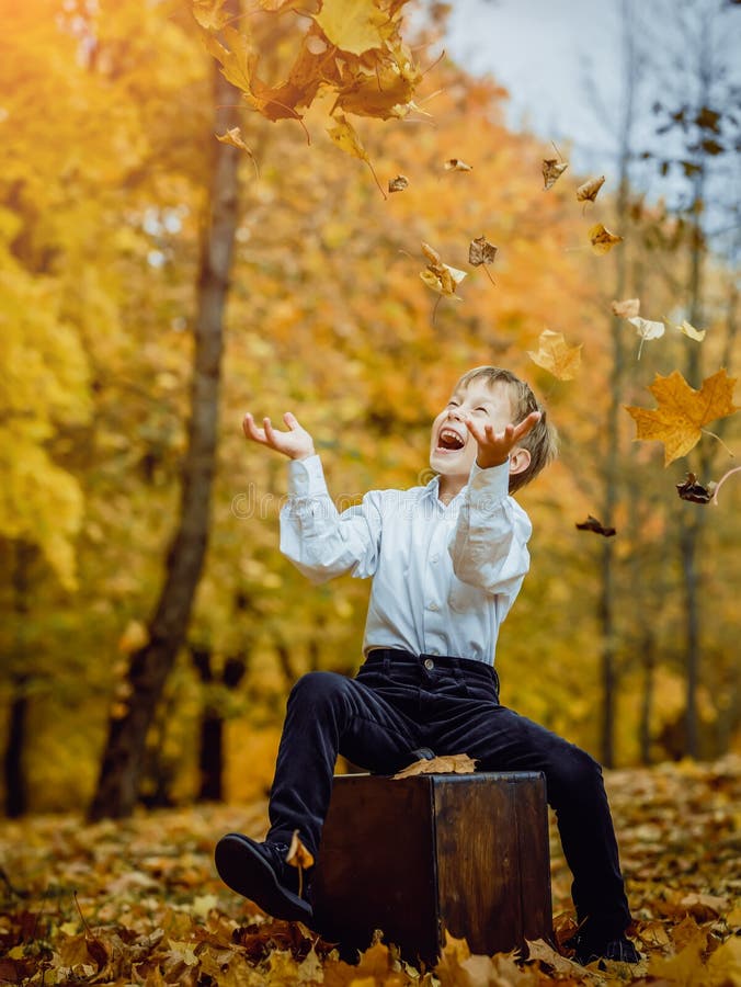 Boy in Autumn Park Rejoices in Autumn Stock Image - Image of head ...