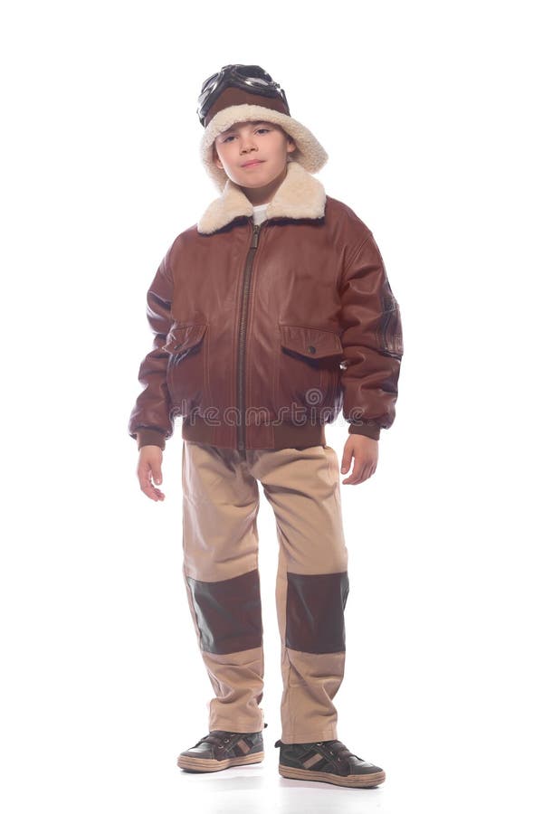 The Boy is an Aviator in the Jacket of the Pilot and in Old Glasses ...