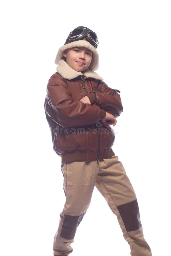 The Boy is an Aviator in the Jacket of the Pilot and in Old Glasses ...