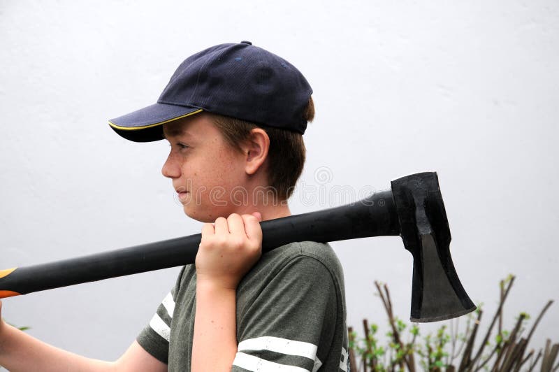 Boy with ax stock photo. Image of helping, hold, tools - 58146658