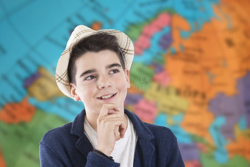 Boy with the Background World Map Stock Image - Image of gestures ...