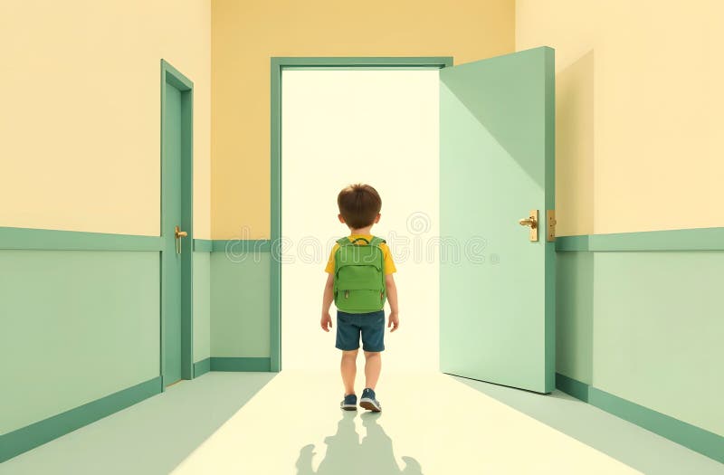Boy with Backpack Entering School Building Stock Illustration ...