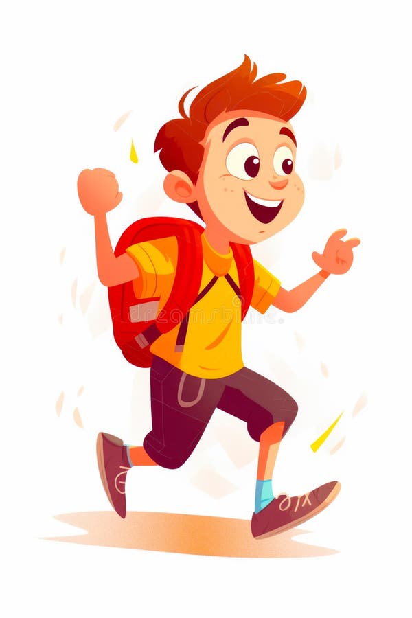 Boy with Backpack is Running with His Hands Up in the Air. Generative ...