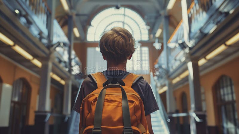 Boy with a Backpack in the School Building Stock Illustration ...