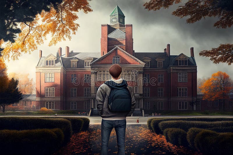 Boy with Backpack Standing in Front of College - Generative AI Stock ...