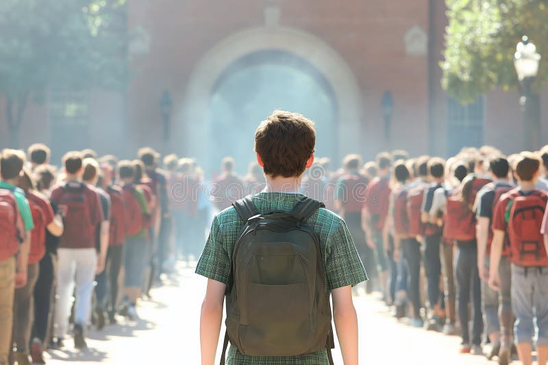 Boy with Backpack Standing in the Middle of a Crowded University Campus ...