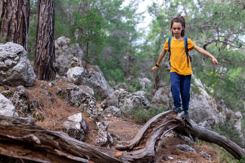 A Boy with a Backpack Walks Along the Trunk of a Fallen Tree, a Child ...