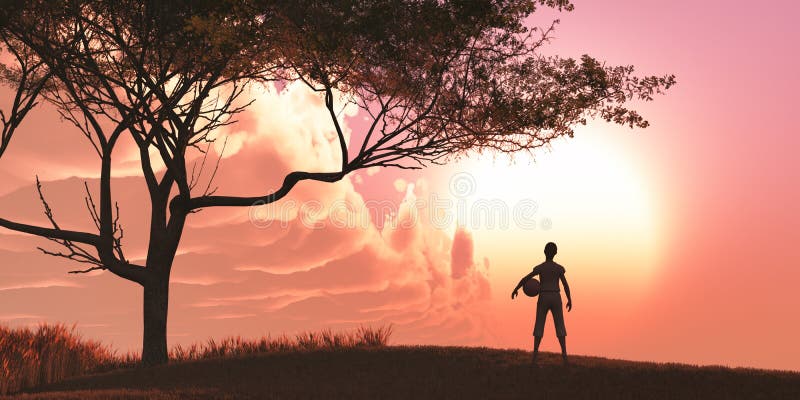 Boy with a ball and sunset stock image. Image of tree - 91661005